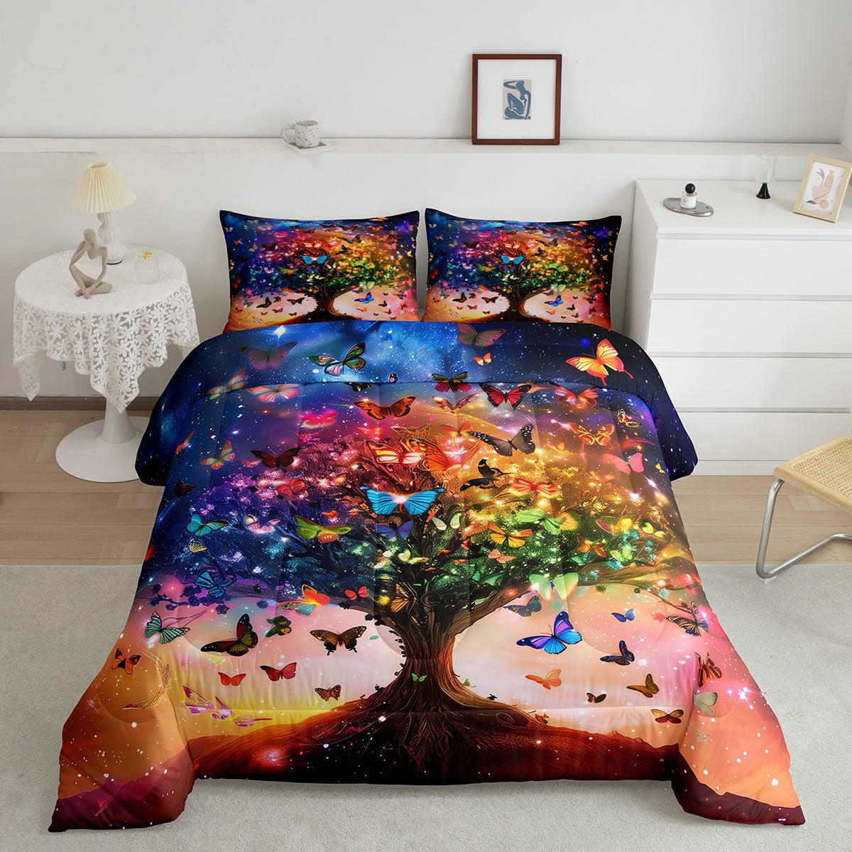 Tree of Life Comforter Set 3 Piece Colorful Butterfly Bedding Queen ...