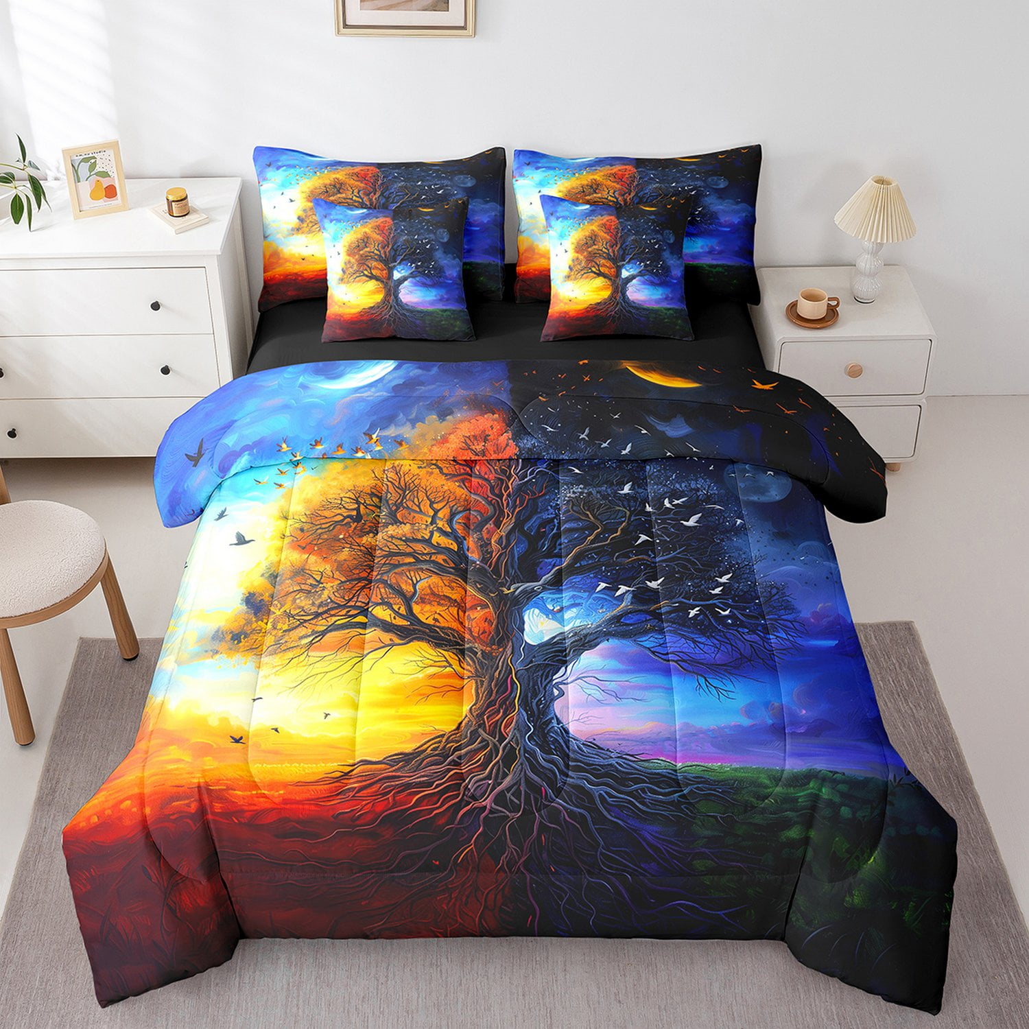 Tree of Life Comforter Set 7 Pieces,Bohemian Birds Trees Bed Set for ...