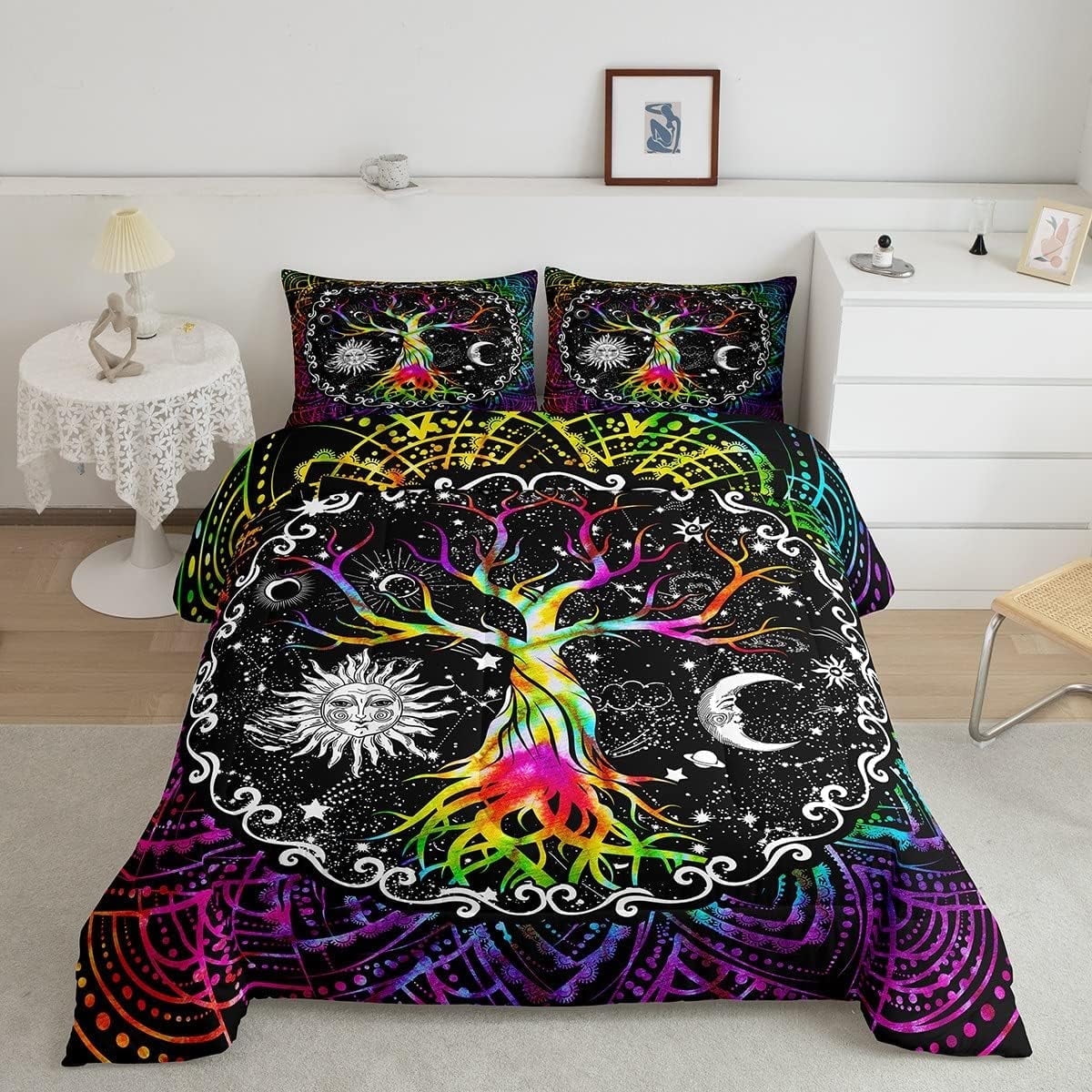 Tree of Life Comforter Set King Size,Colorful Sun and Moon Bedding Set ...