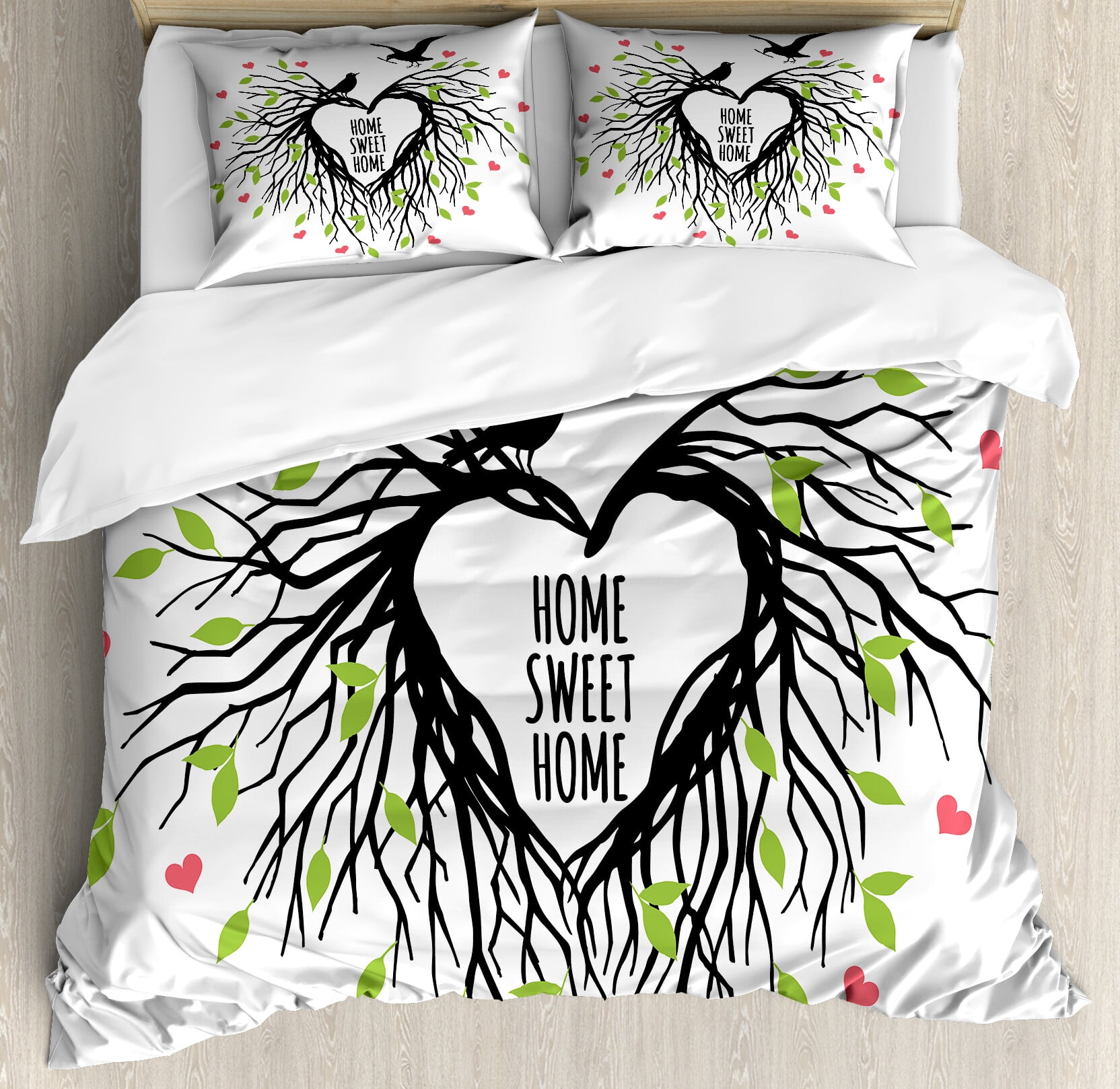 Tree of Life Duvet Cover Set, Heart Shaped Bird Nest Home Words Hope ...