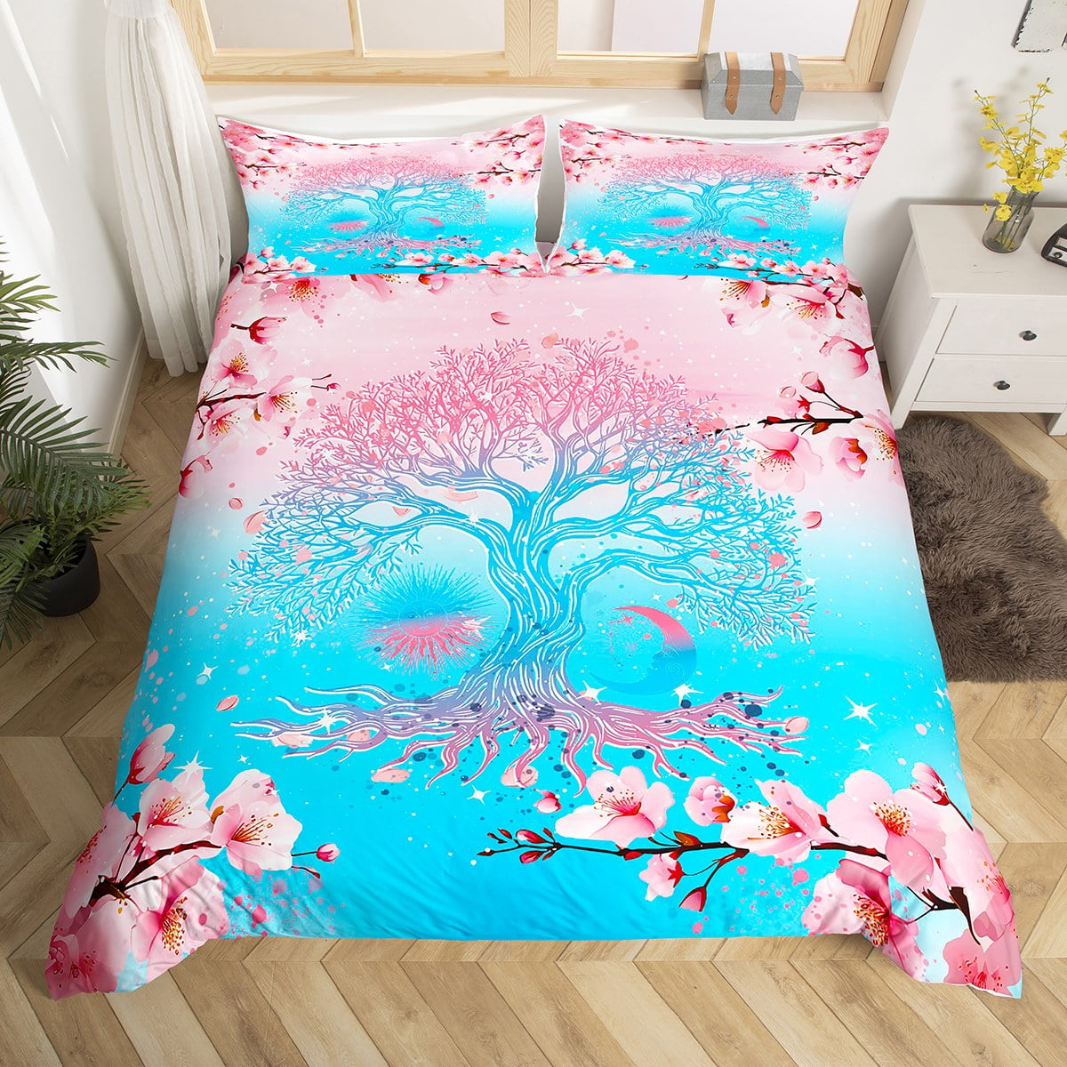 Tree of Life Duvet Cover Sun and Moon King Bedding Sets,Cherry Blossom ...