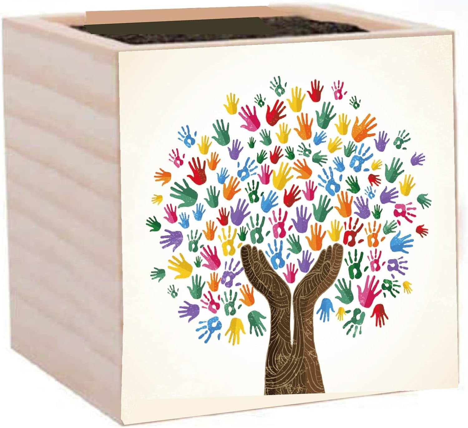 Tree of Life Planter Box Wood Cube Flower Pot Square Small Rustic Desk ...