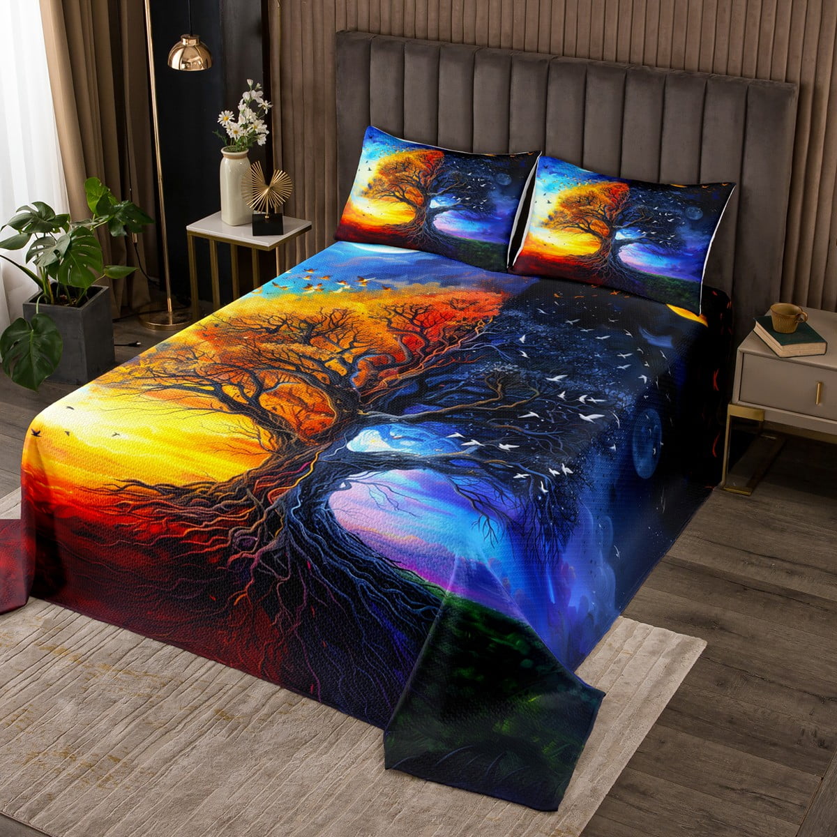 Tree of Life Quilt Bedding Set King,Bohemian Birds Trees Coverlet ...