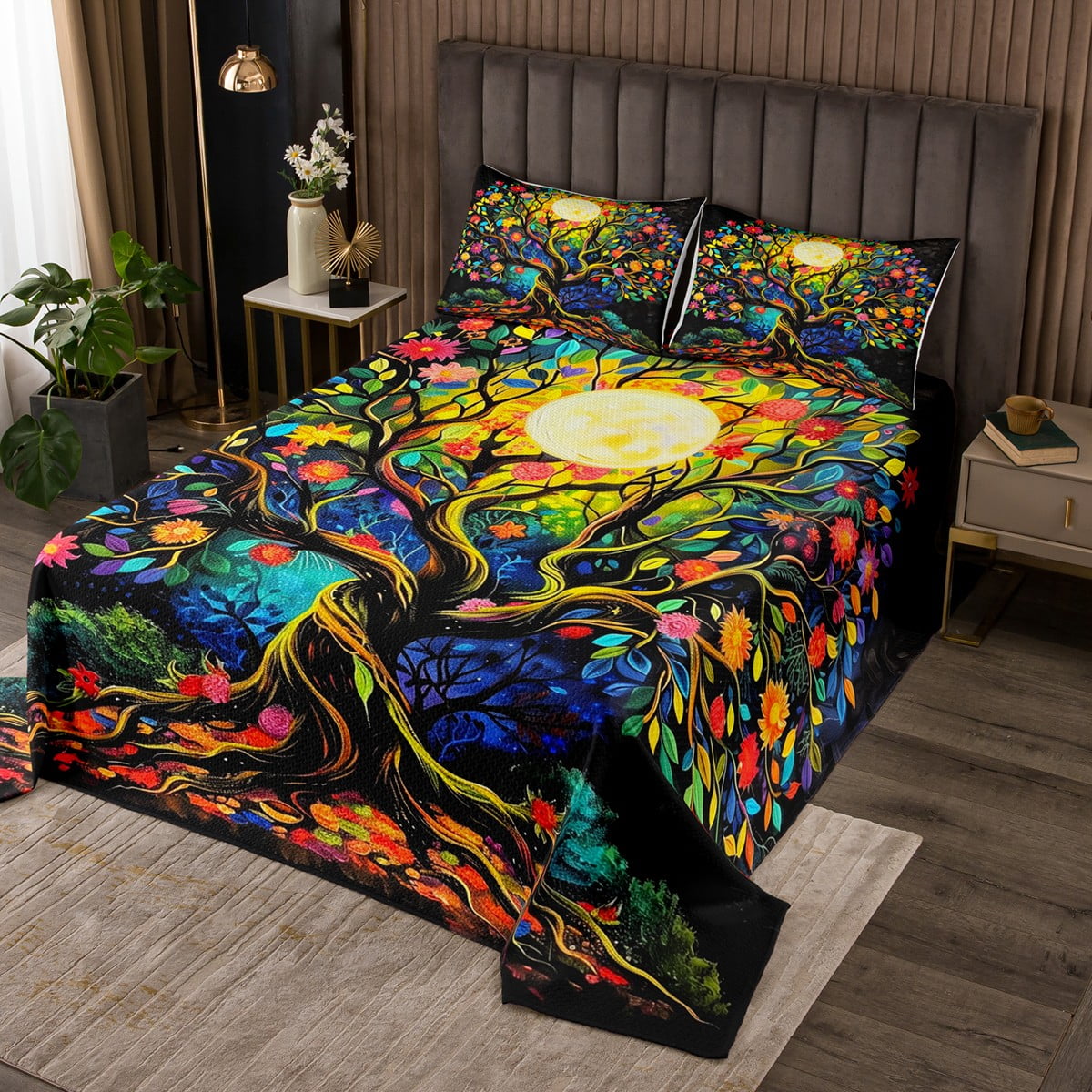 Tree of Life Quilt Bedding Set Queen,Watercolor Nature Tree Coverlet ...
