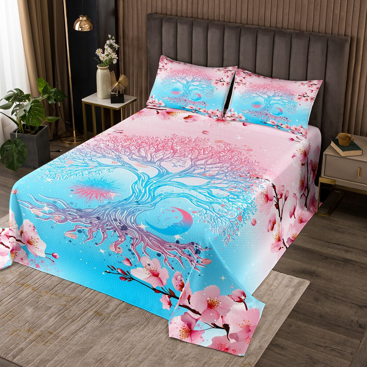 Tree of Life Quilt Set Sun and Moon King Bedspread Set for Girls,Cherry ...