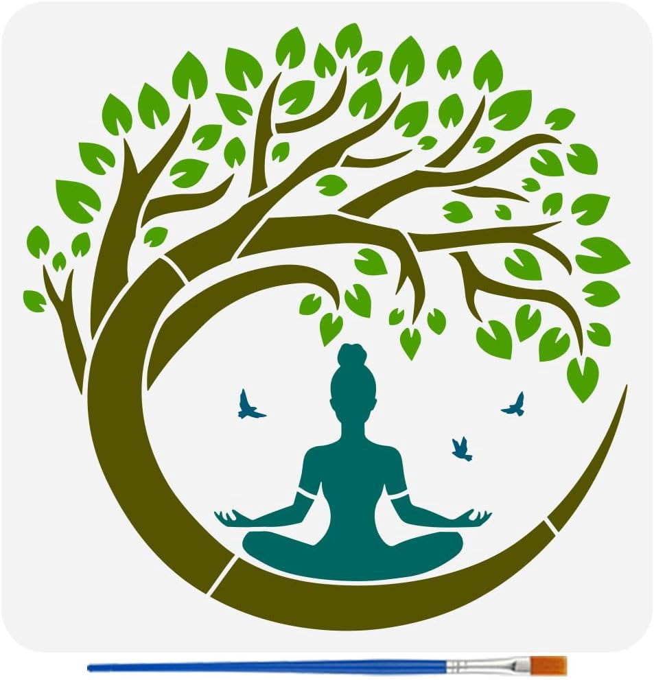Tree of Life Stencil with a Paint Brush 11.8x11.8Inch Reusable Yoga ...