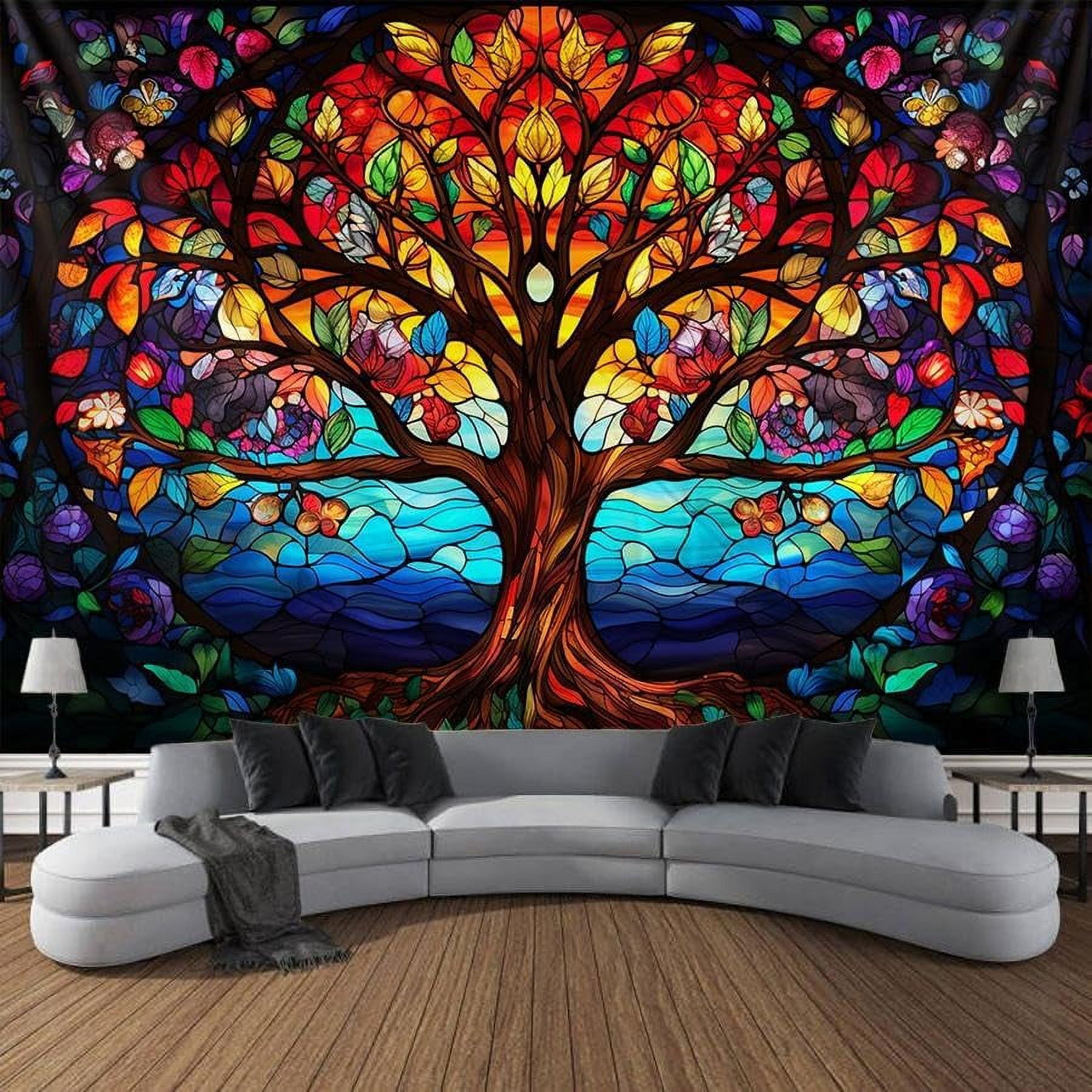 Tree of Life Wall Hanging Decor Tapestry with Stained Glass Colorful ...