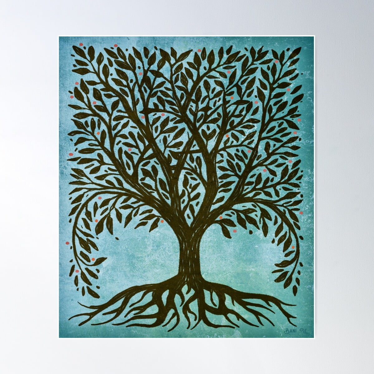 Tree Of Life Woodcut In Blue Poster Wall Art, Modern Wall Decor For ...