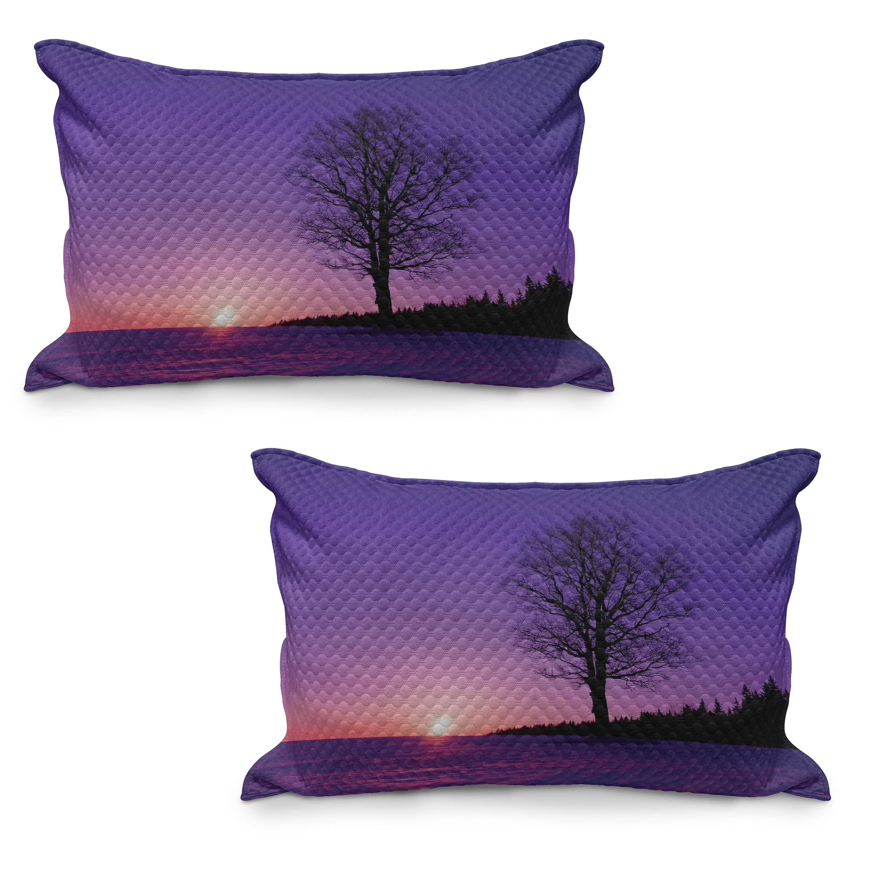 Tree Quilted Pillowcover Set of 2, Oak Tree at Sunset Snowy Field ...