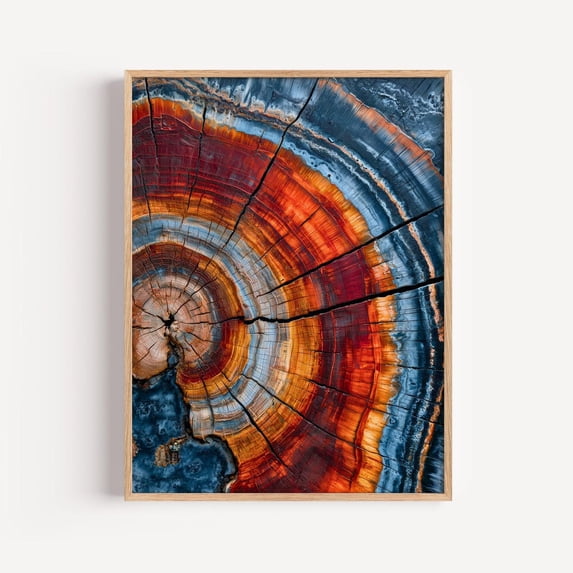 Tree Ring Wall Art Print, Rustic Orange Teal Wood Slice Nature Decor ...