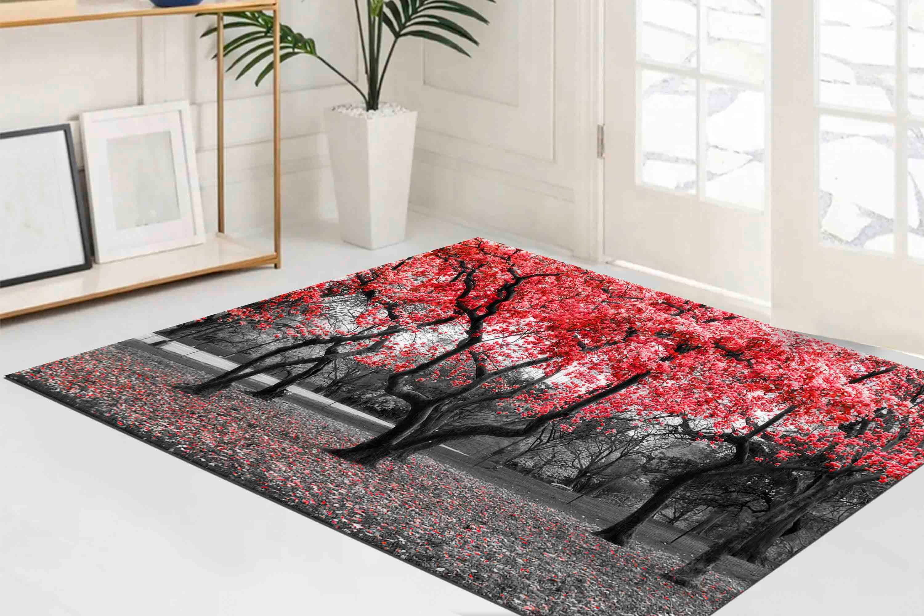 Tree Rugs, Office Decor Rugs, Step Rug, Trees With Red Flowers Rugs ...