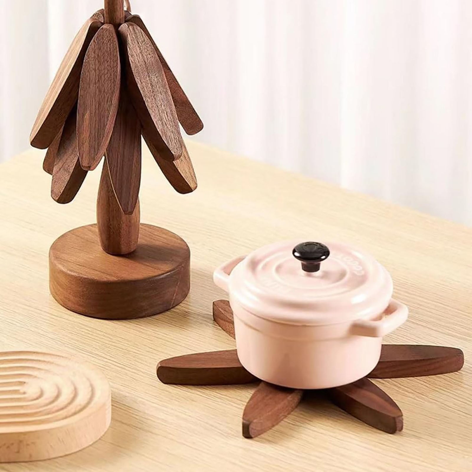 Tree Shape Trivet Set, 3 Wooden Trivets + 1 Stand, Natural Foldable ...