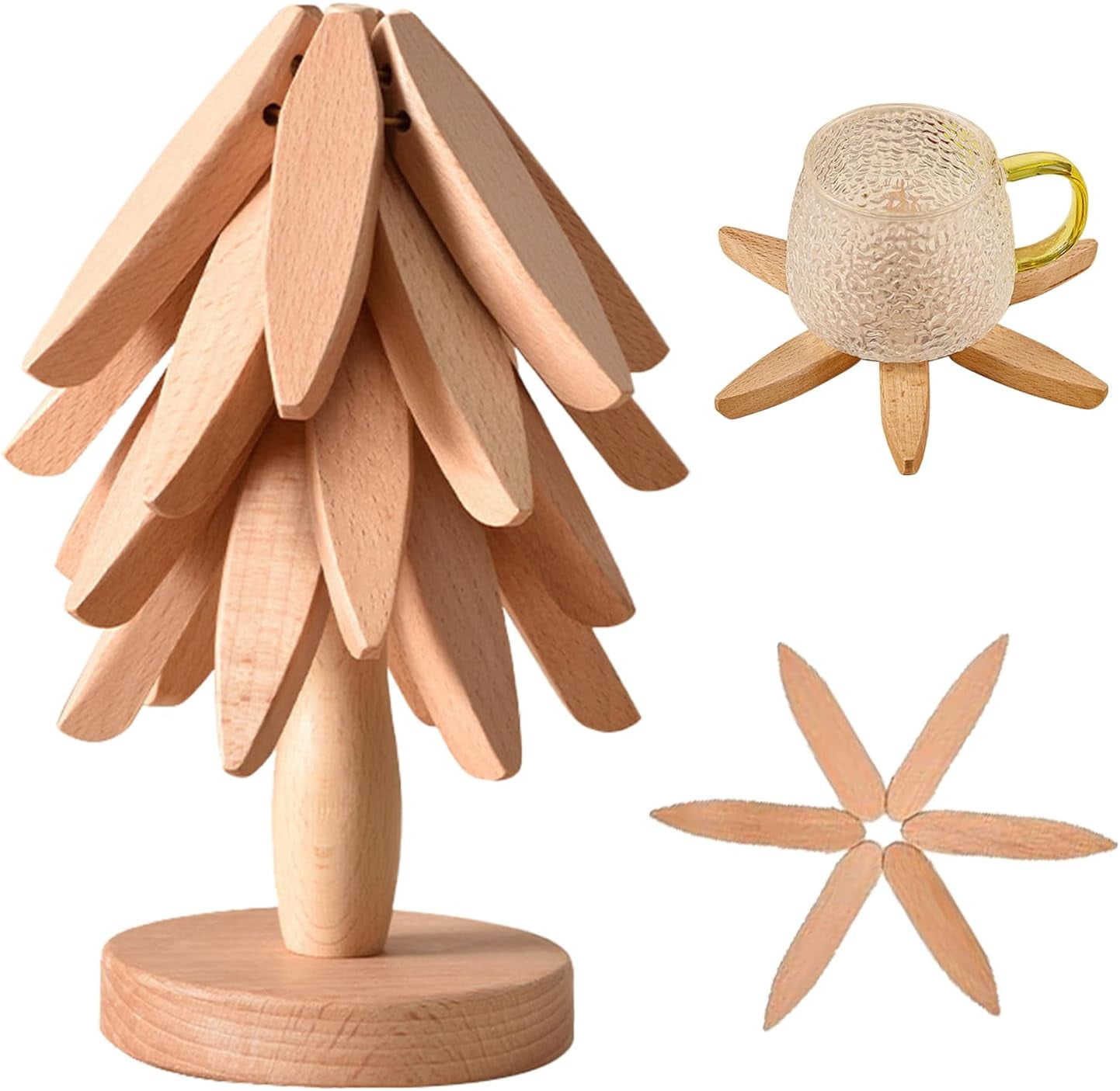 Tree Shape Wooden Trivet Set for Hot Dishes, 4 Trivets + 1 Stand ...
