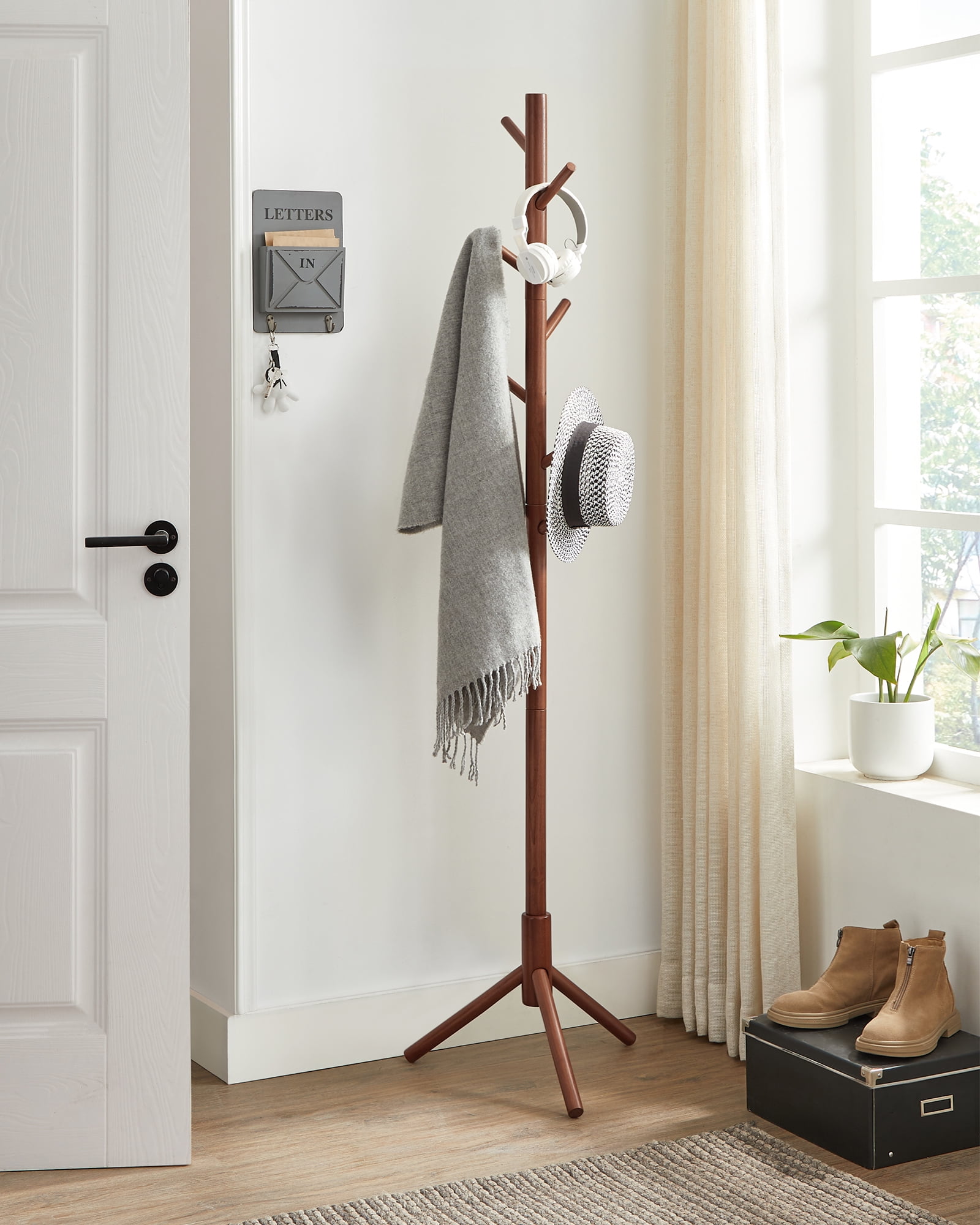 Tree-Shaped Coat Rack with 8 Hooks - Solid Wood Free Standing Coat Rack ...