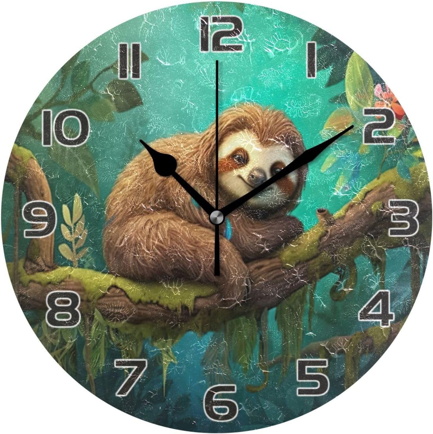 Tree Sloth Wall Clock Round Vintage Silent Non Ticking Battery Operated ...