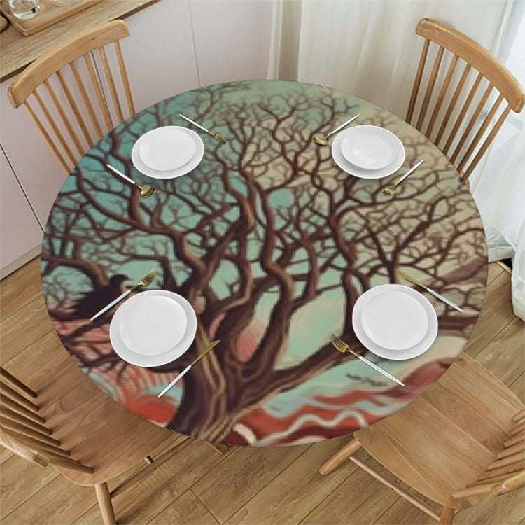 Tree Stormy Sea Sunset Round Tablecloth with Elastic Fitted Round Table ...