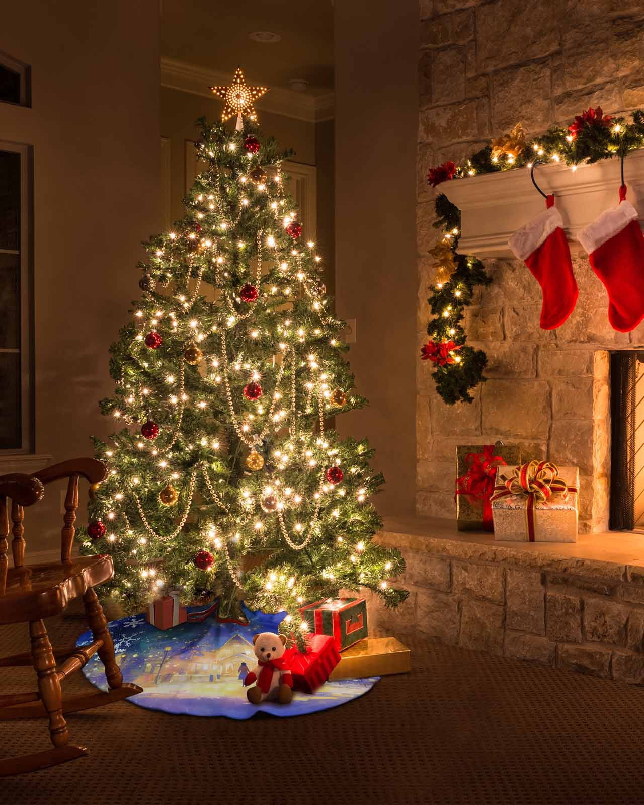 Tree Street View Night Scene Skirt Xmas rations for Home Supplies Round ...