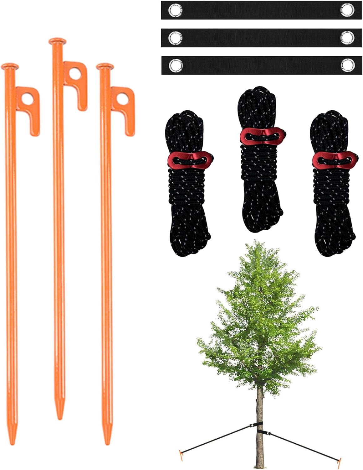 Tree Support Stakes Kit - 3 PCS Metal Stakes with Straps for Young ...