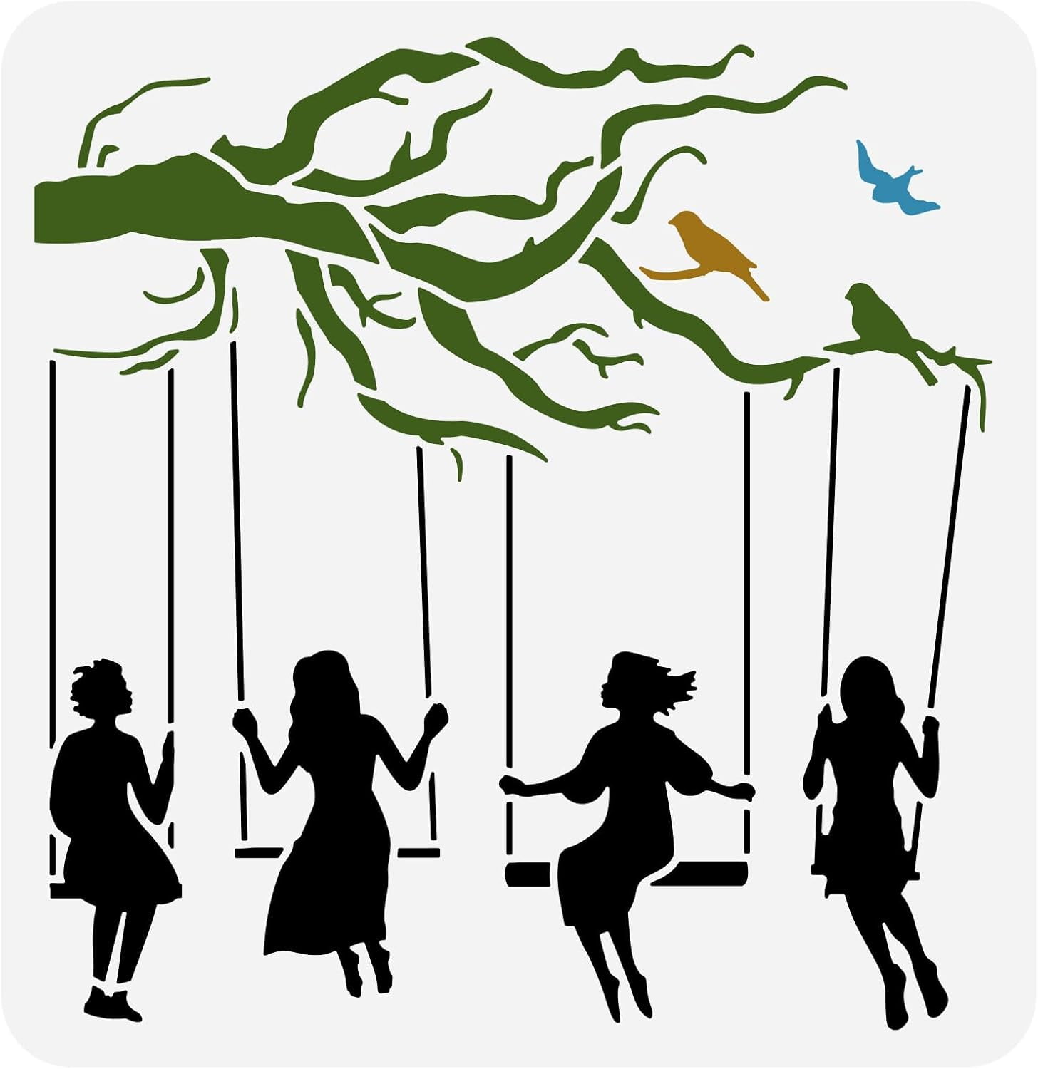 Tree Swing Girls Stencil 11.8x11.8inch Reusable Tree Branch Painting ...
