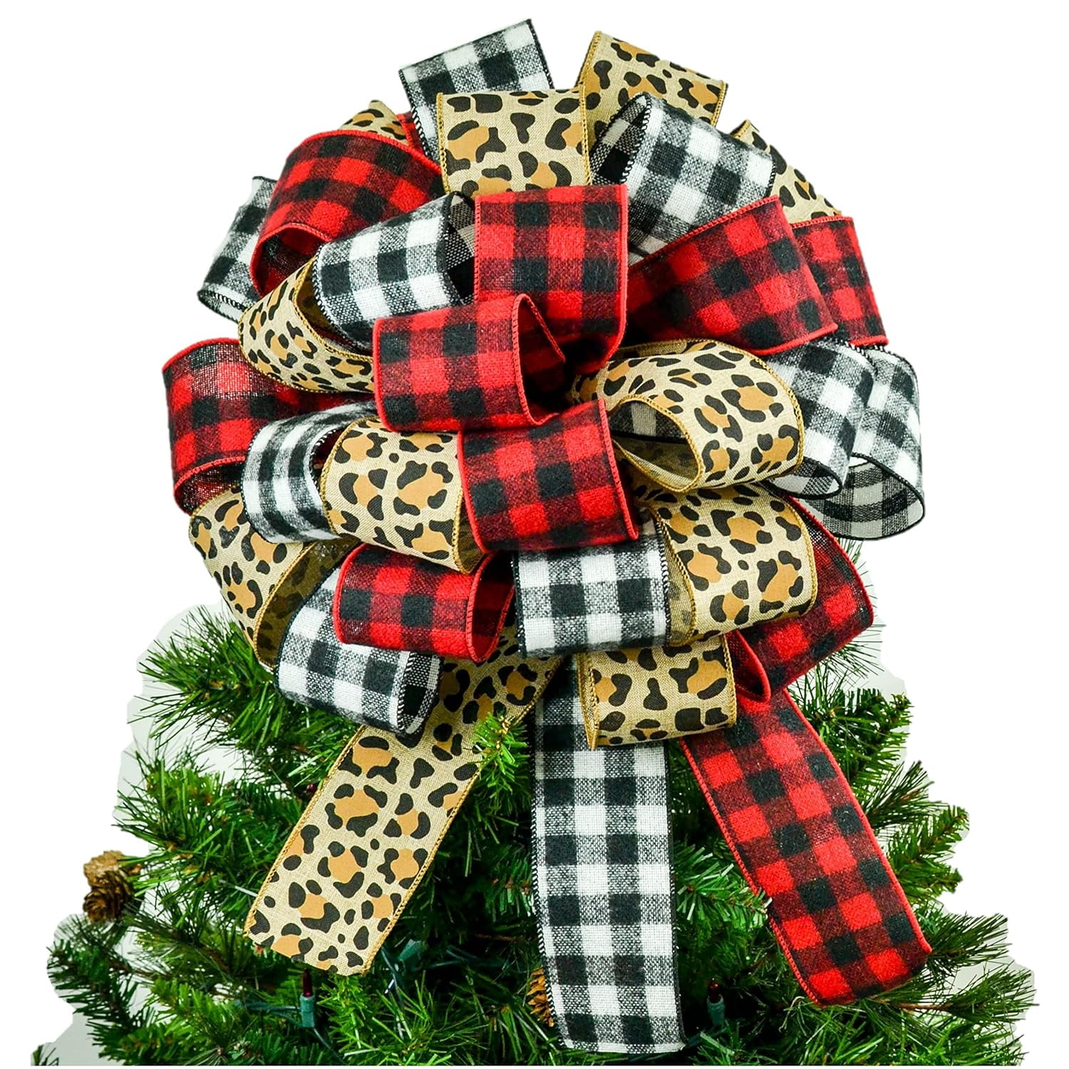 Tree Topper Bow - Animal Print Burlap Buffalo Plaid Check White Black ...