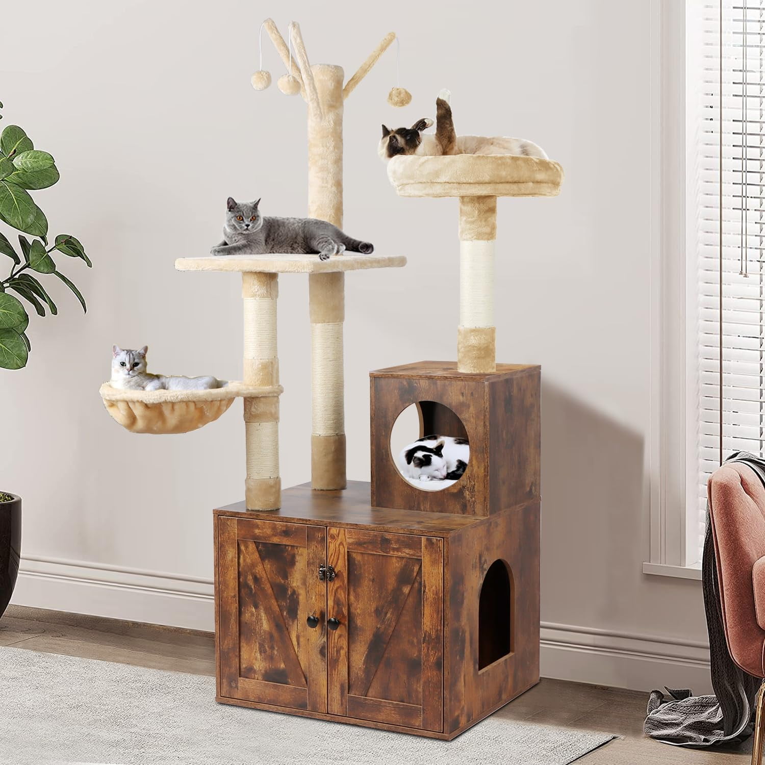 Tree Tower with Litter Box Enclosure, 2-in-1 Wooden Condo with Sisal ...