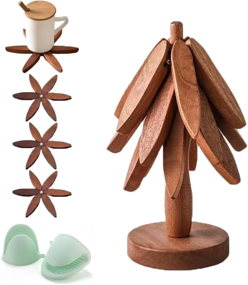 Tree Trivet Set - 4 Wooden Trivets & 1 Stand Like a Christmas Tree ...