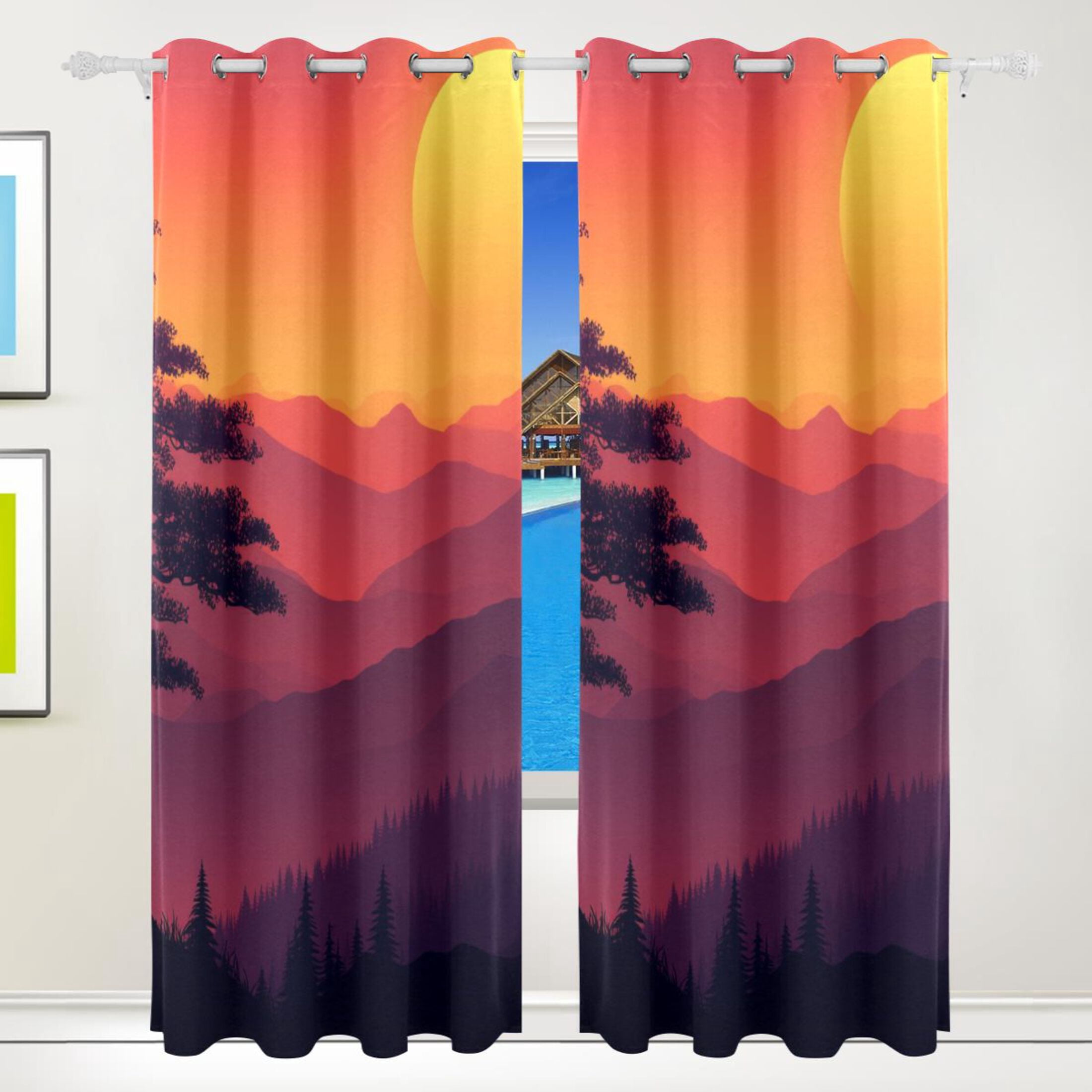 Tree and Sunset Blackout Curtains 84 inch Length 2 Panels Grommet ...