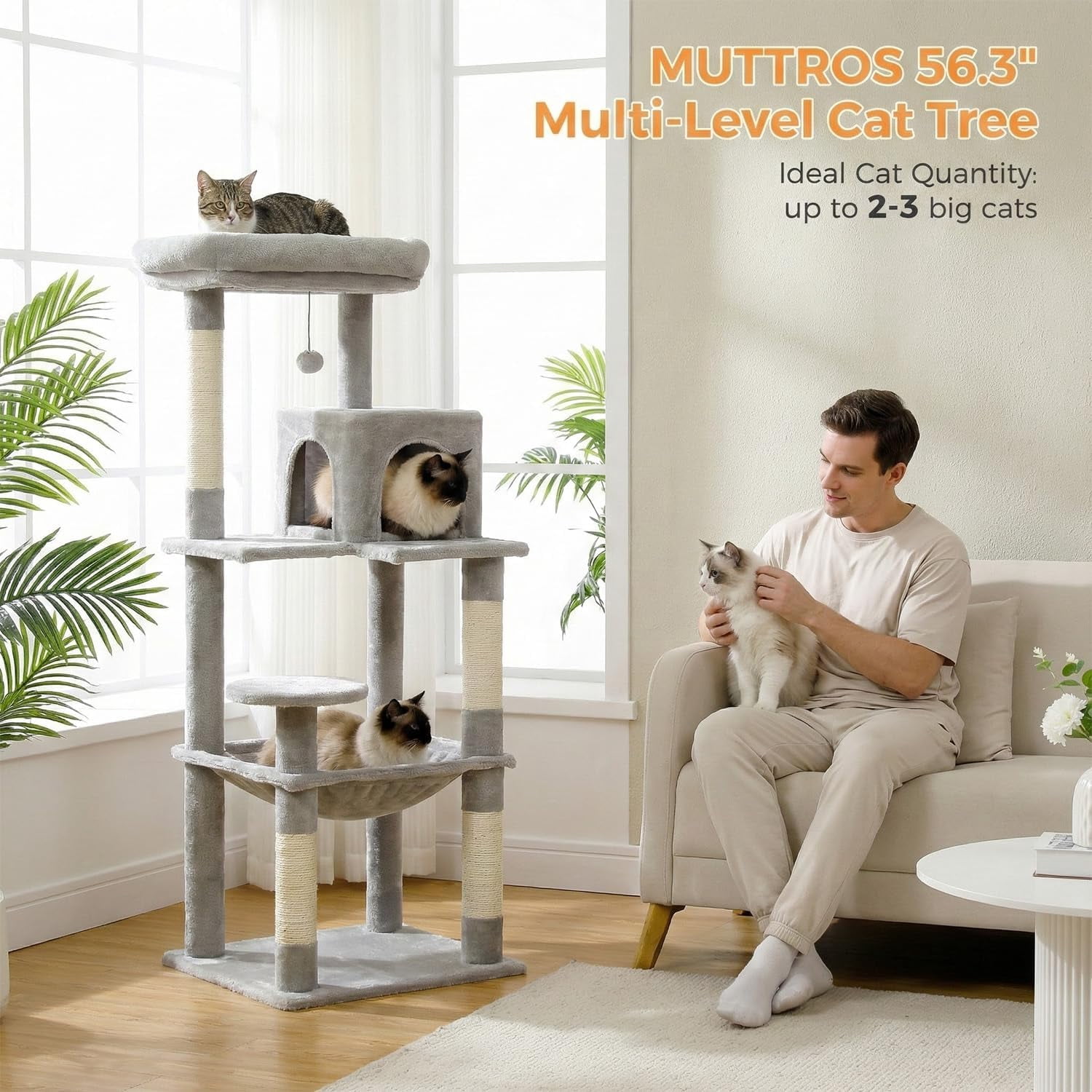 Tree for Large Cats with Metal Plush Hammock, 56.3" Tower with Condo ...