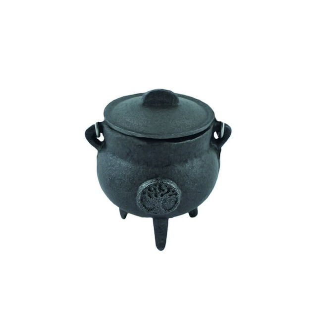 Tree of Life 3.5" Small Cast Iron Cauldron with Lid and Carry Handle for Spells, Smudging ...