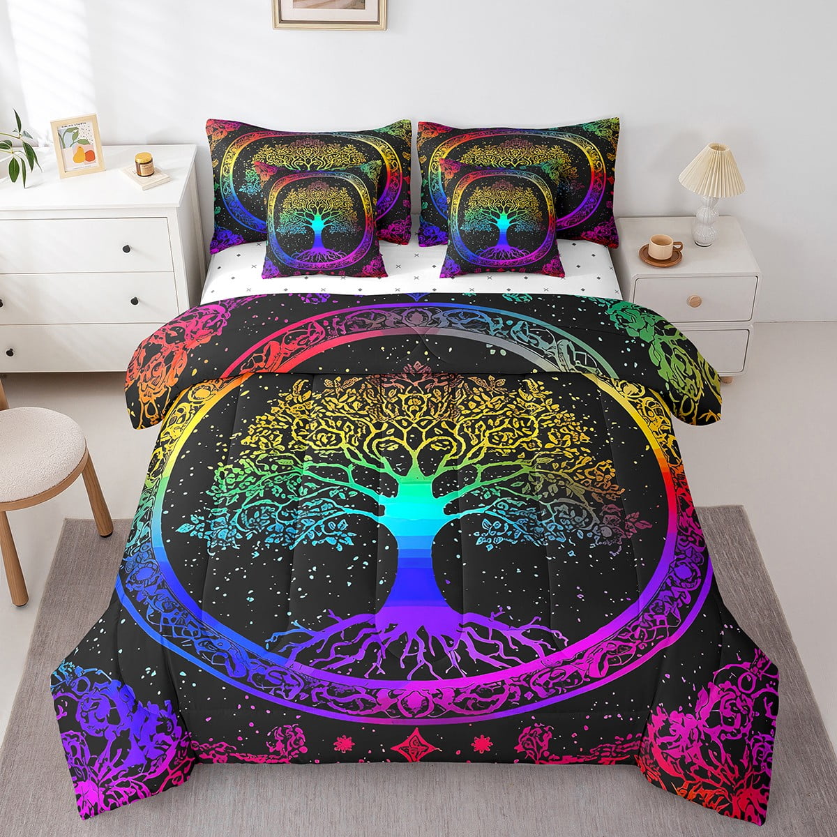 Tree of Life 7 Piece Comforter Set Full Bed in a Bag,Gradient Rainbow ...
