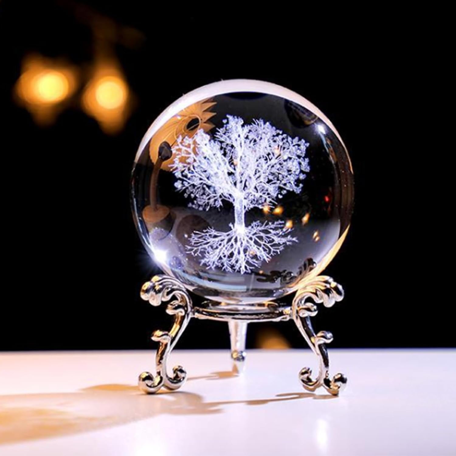 Tree of Life Ball with Stand, 60mm 3D Engraved Glass Sphere Decorative ...