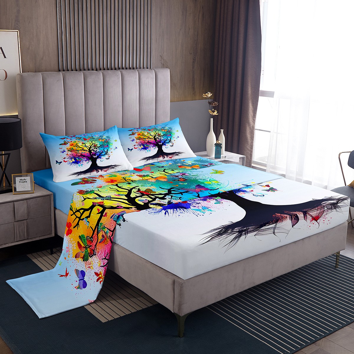 Tree of Life Bed Sheets Set Butterfly Sheets,Rustic Animal Queen Sheet ...