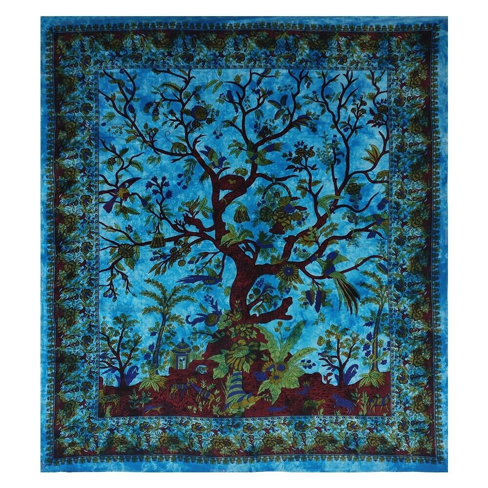 Tree of Life Bedspread Blossom Bird Blue Tapestry handicraft Bohemian ...
