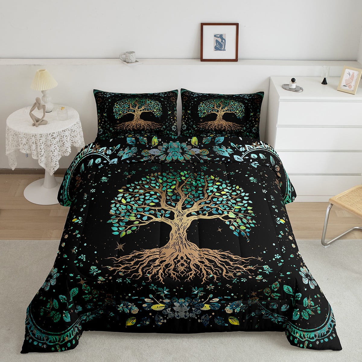 Tree of Life Comforter Set Botanical Queen Bedding Sets,Plant Leaves ...