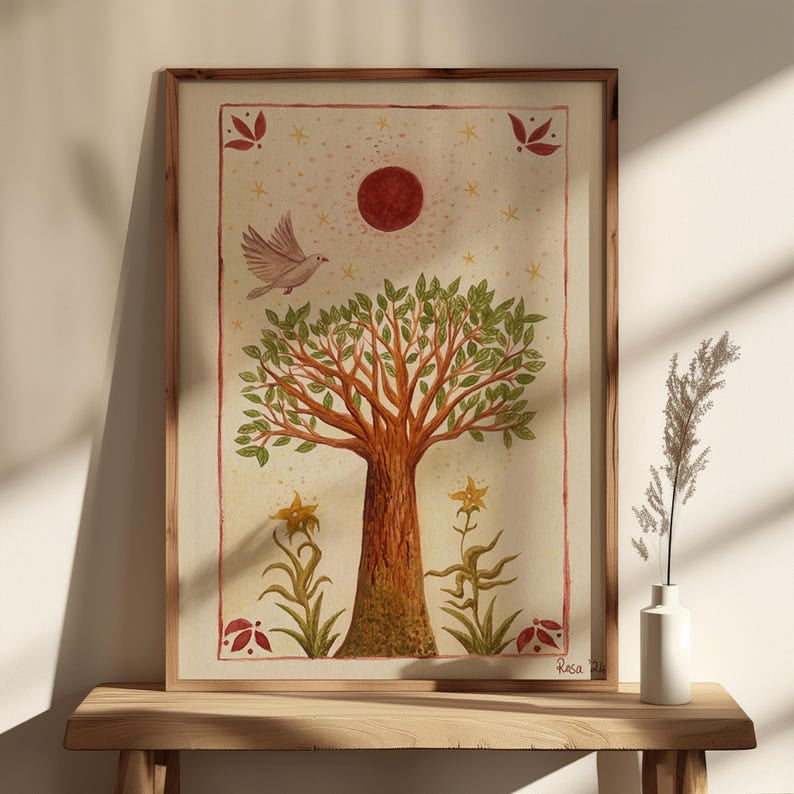 Tree of Life Folk Art Print - Red Moon & Dove Antique Nature Decor ...