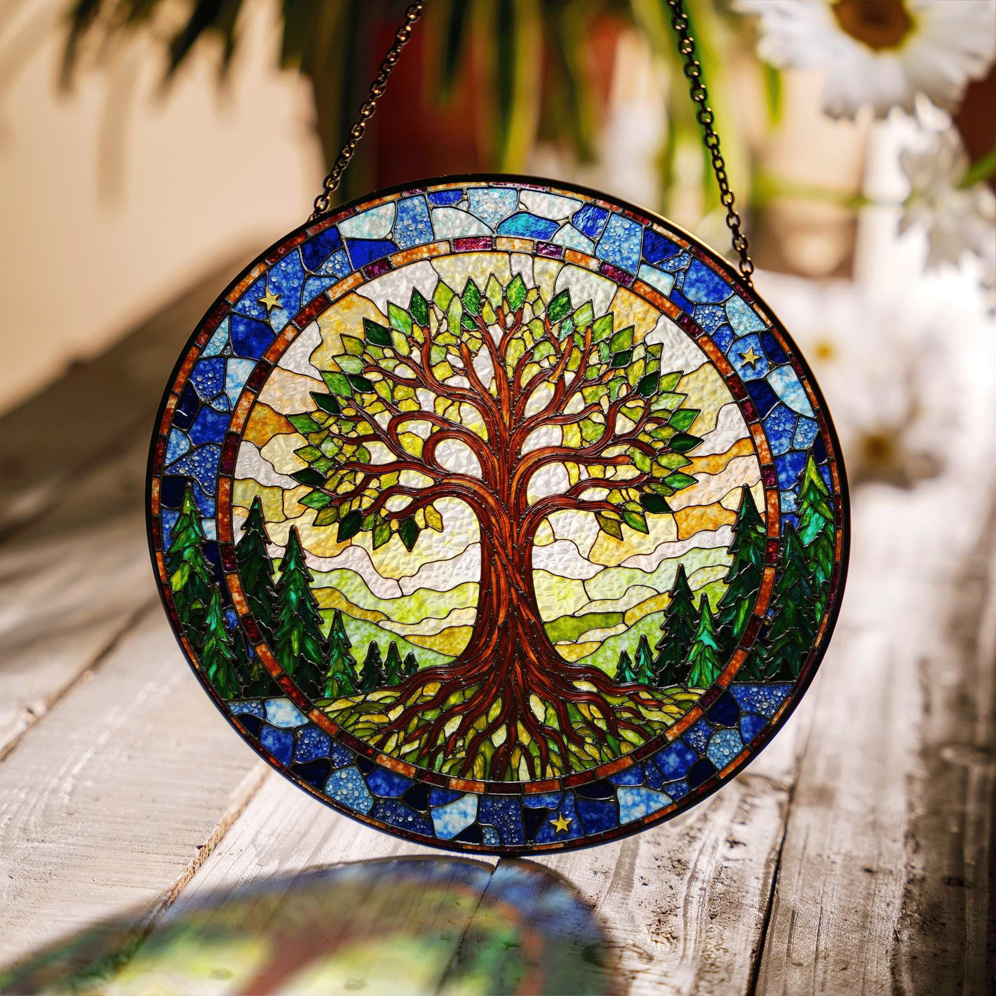Tree of Life Forest Stained Glass Style Suncatcher, Spiritual Nature ...
