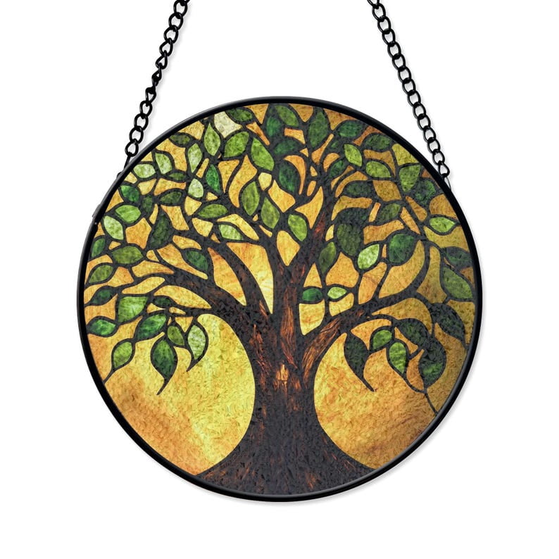 Tree of Life Stained Glass Window Hanging in Warm Earth Tones, Elegant ...