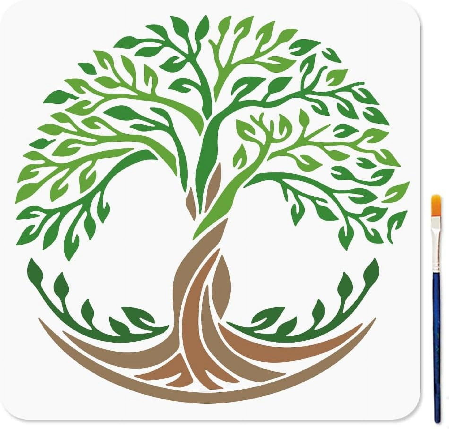Tree of Life Stencil 11.8x11.8inch Large Tree Template with Paint Brush Reusable Leaves Plants ...