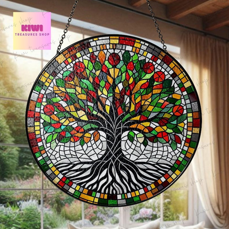 Tree of life GLASS Suncatcher Hanging, Black Family suncatcher, Tree of ...