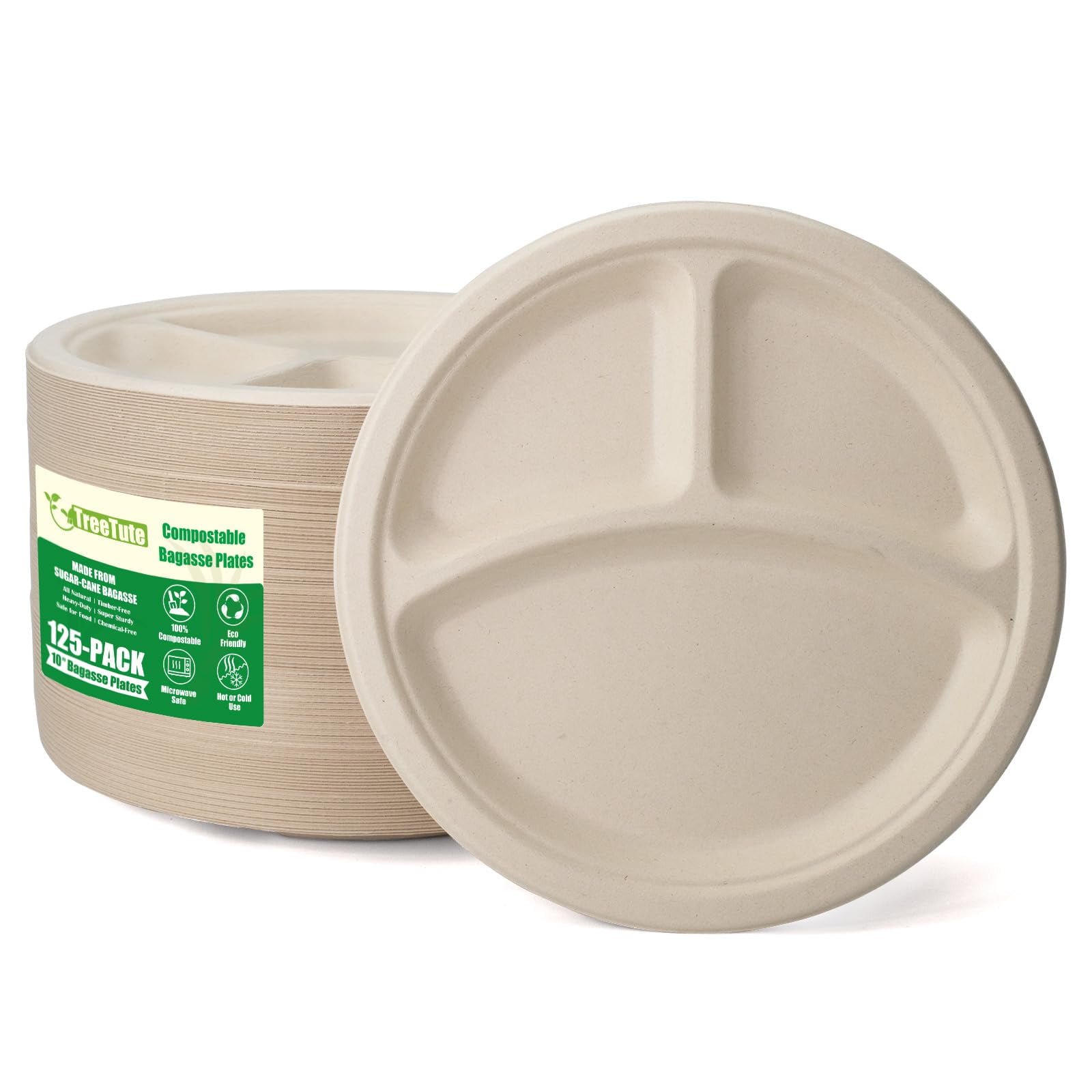 TreeTute [125-Pack 100% Compostable MMF7 10 Inch 3 Compartment Paper ...