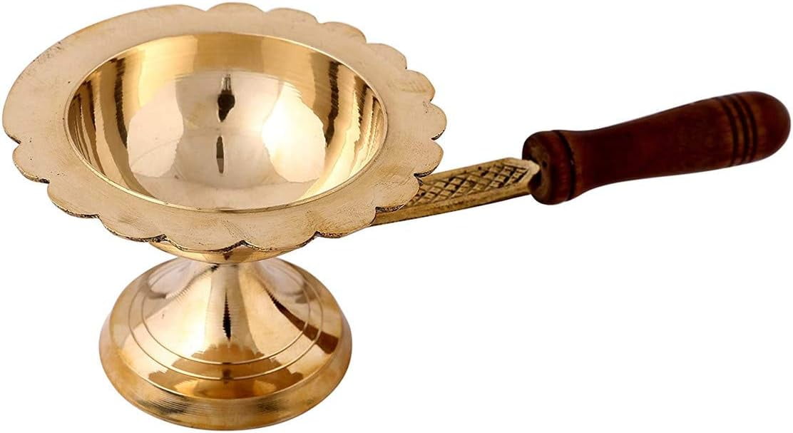 TreegoArt Pure Brass Dhoop Dani With Wooden Handle Oil Lamp Diya For ...