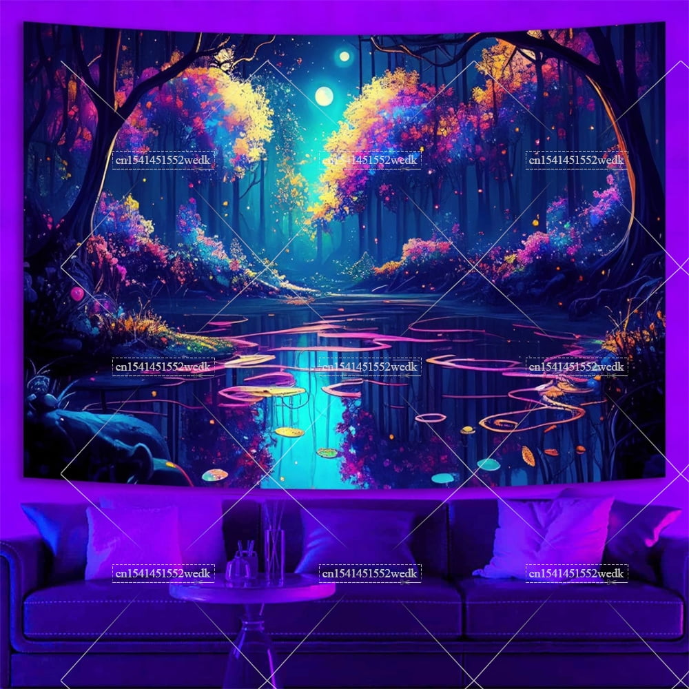 Trees Blacklight Tapestry UV Reactive Neon Mountains Landscape Black ...