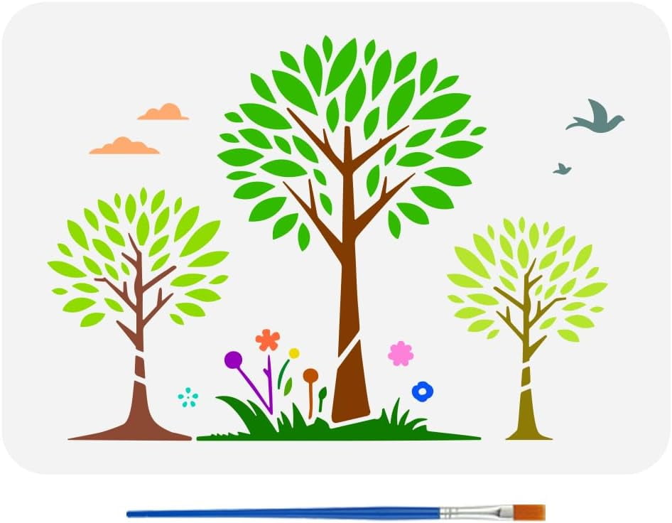 Trees Flowers Painting Stencil 8.3x11.7inch Decorative Clouds Birds ...