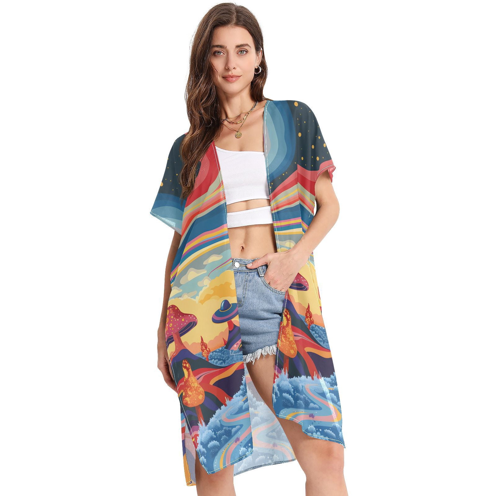 Trees Groovy Landscape Women Swimsuit Cover up V Neck Beach Dress Short ...
