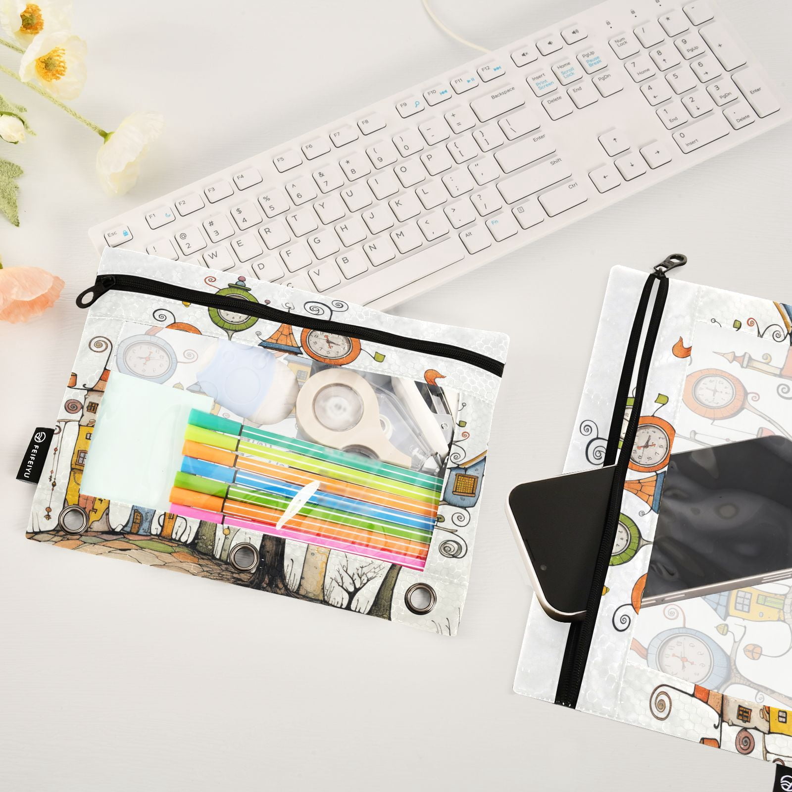 Trees Houses Clocks 2 Pack Pencil Pouches Zipper Pencil Case 3 Ring ...