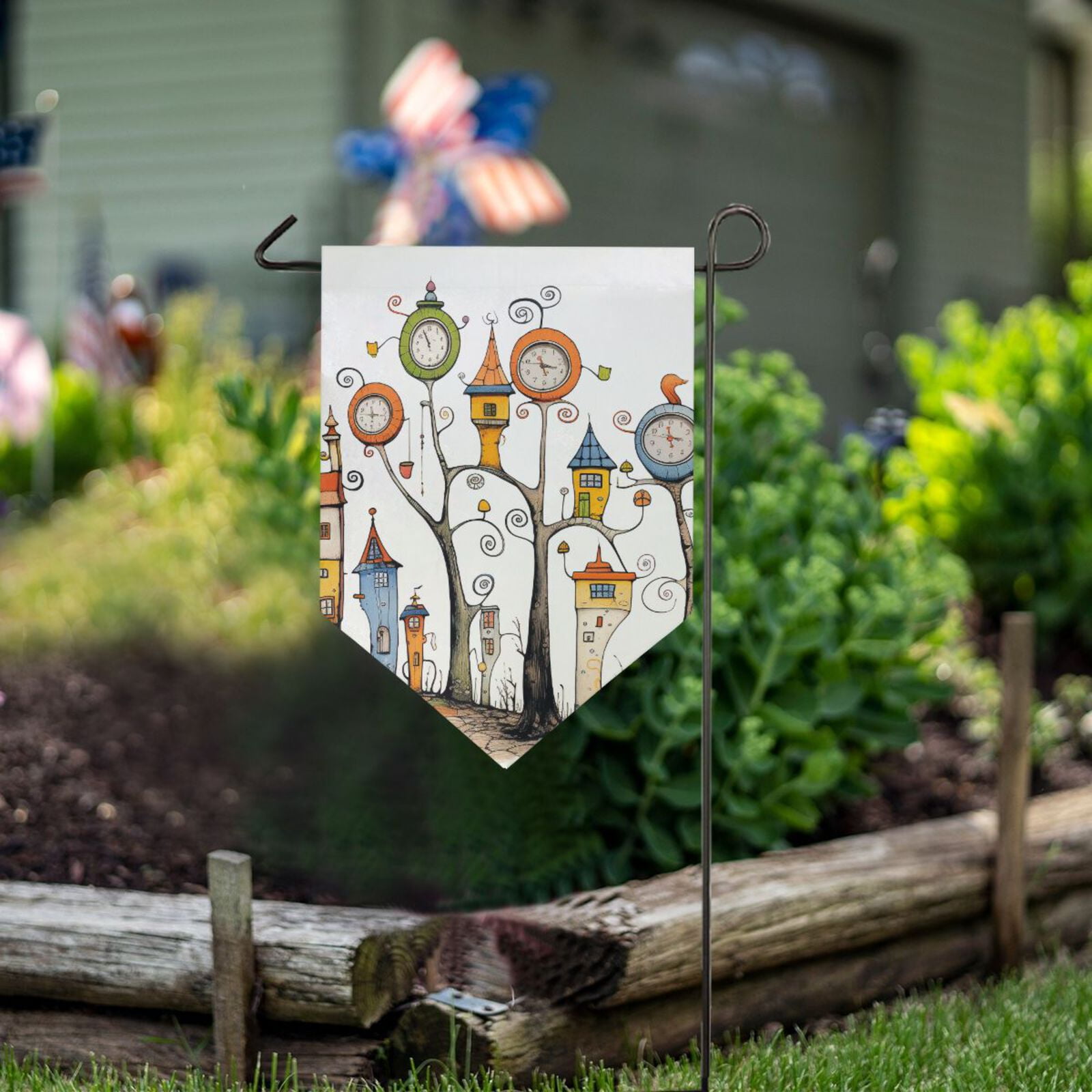 Trees Houses Clocks Garden Flag 18" x 12.5" Double Sided Yard Lawn ...