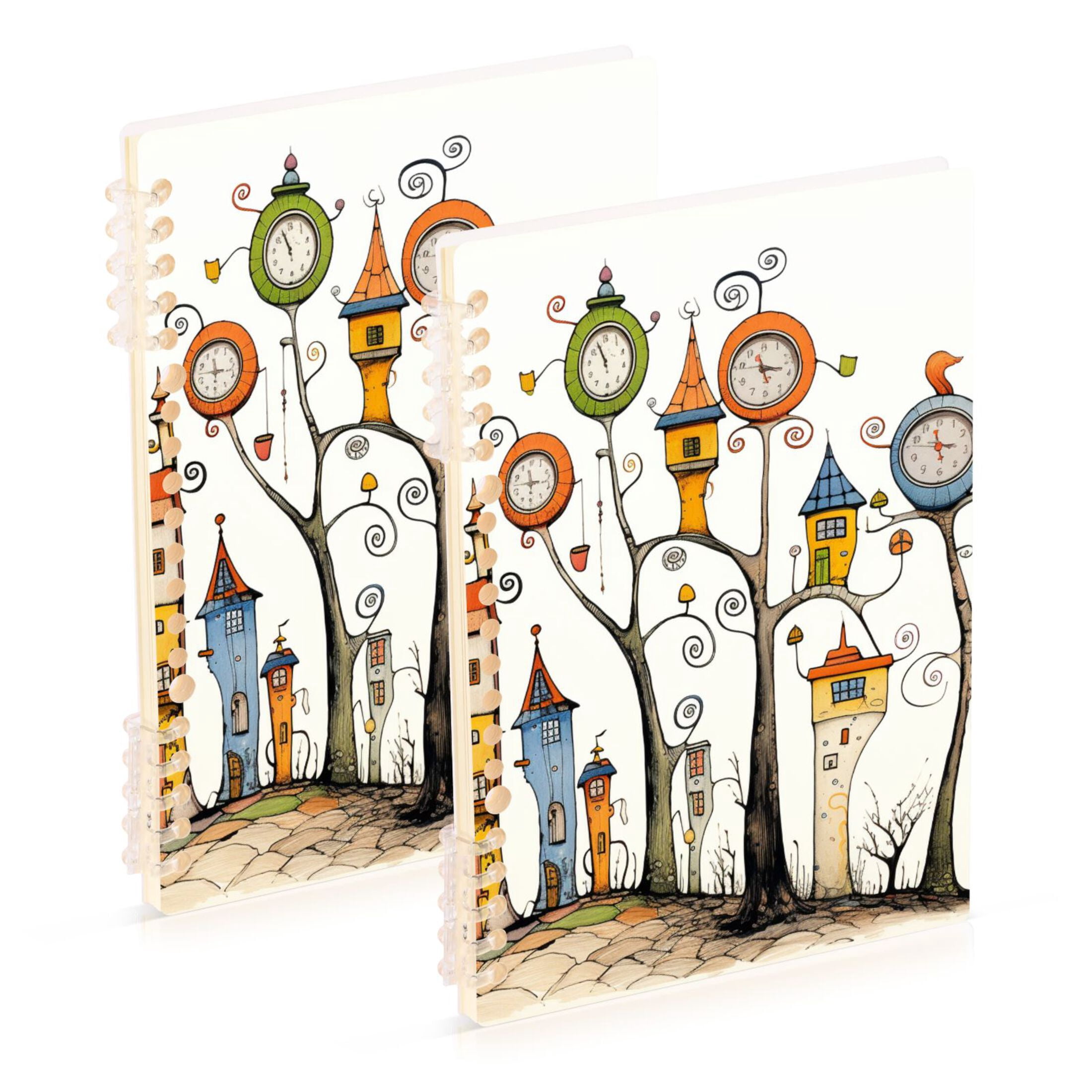 Trees Houses Clocks Ring Binder Notebook Journey Note Diary College Ruled Spiral Notebook Study ...
