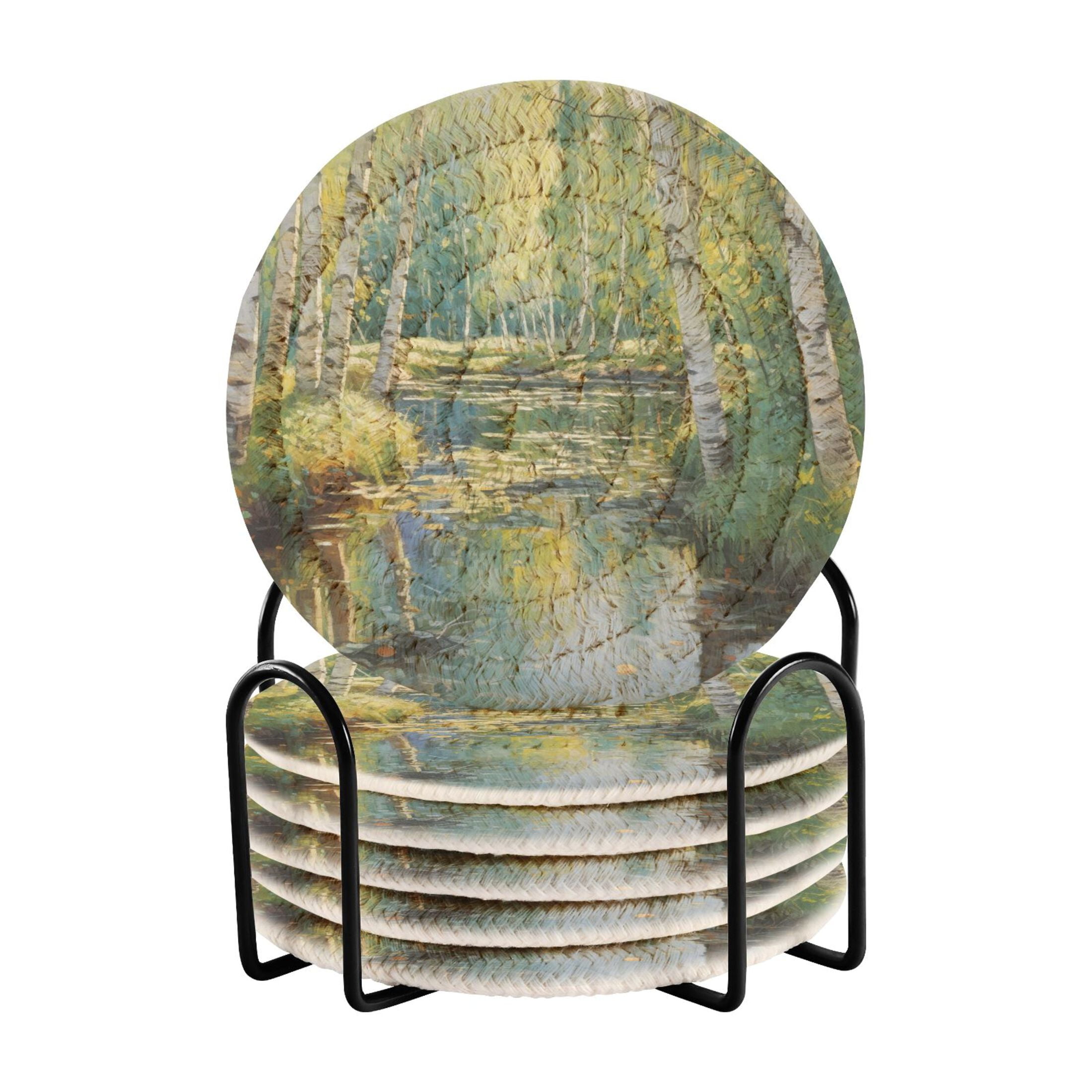Trees Lake Forest 6 Pcs Drink Coasters with Holder Absorbent Coasters ...