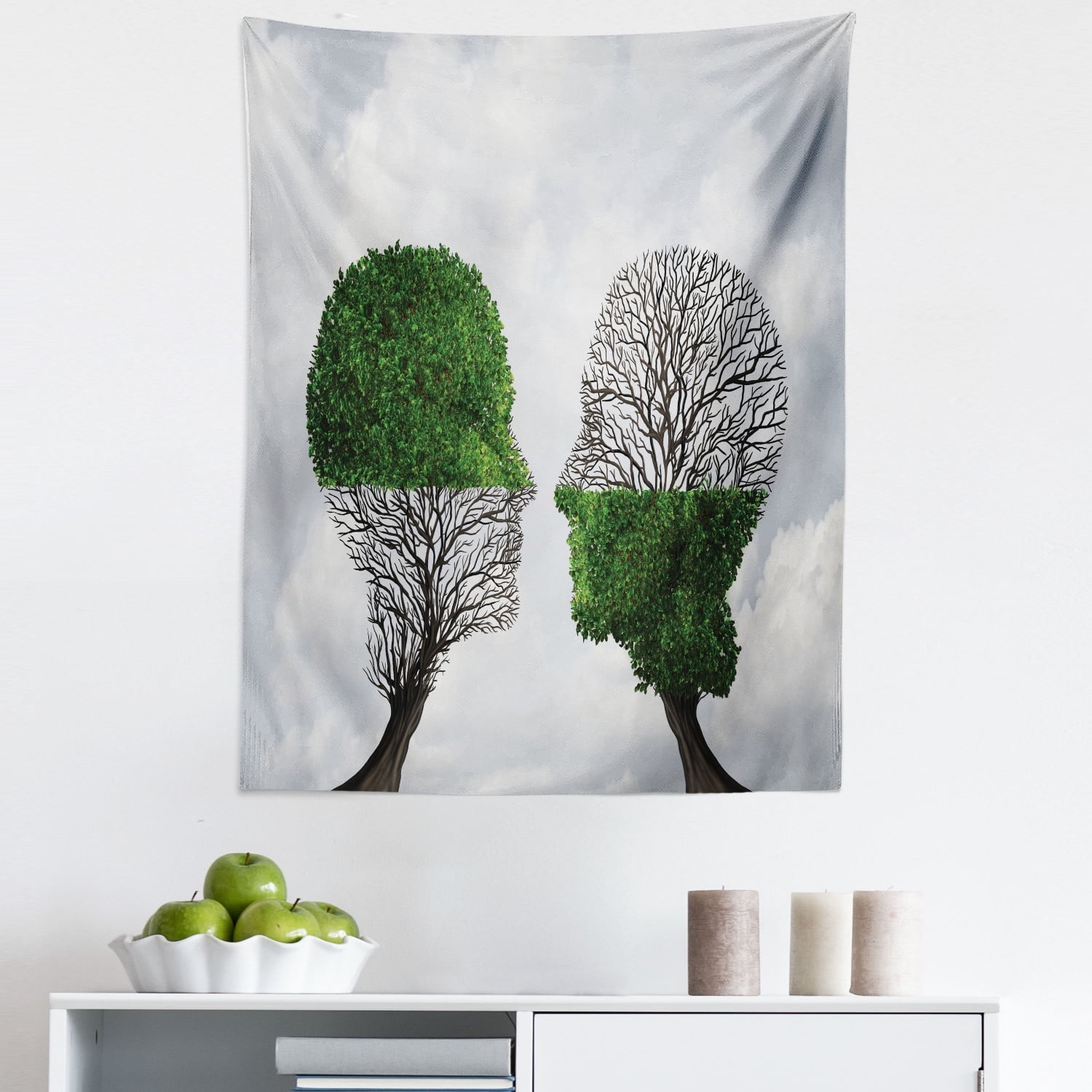 Trees Tapestry, People Faces as Leafy and Bare Branches on Pale ...