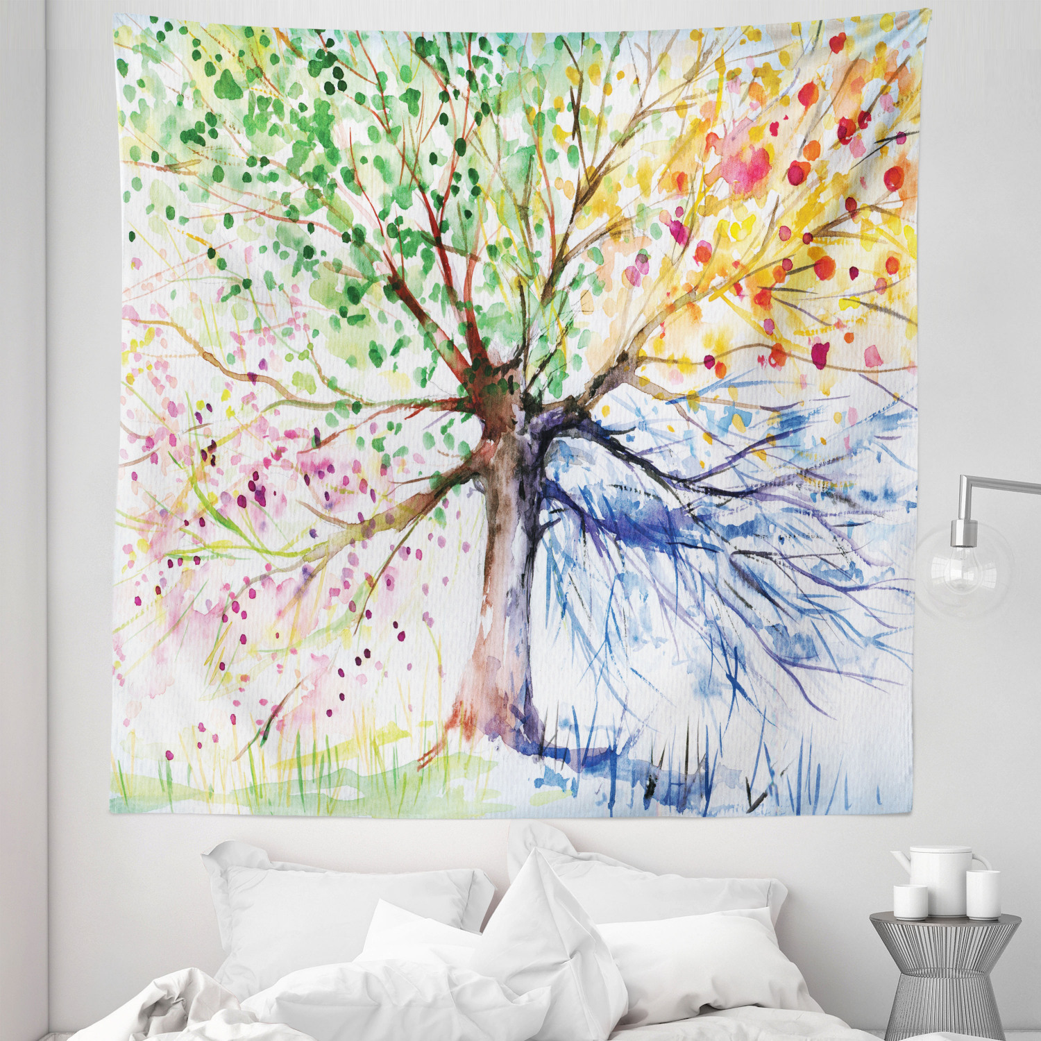 Trees Tapestry, Watercolor Hand Painting Look Abstract 4 Season ...